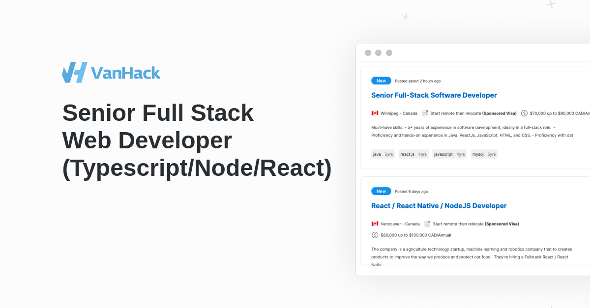 Senior Full Stack Web Developer Typescript Node React Vanhack